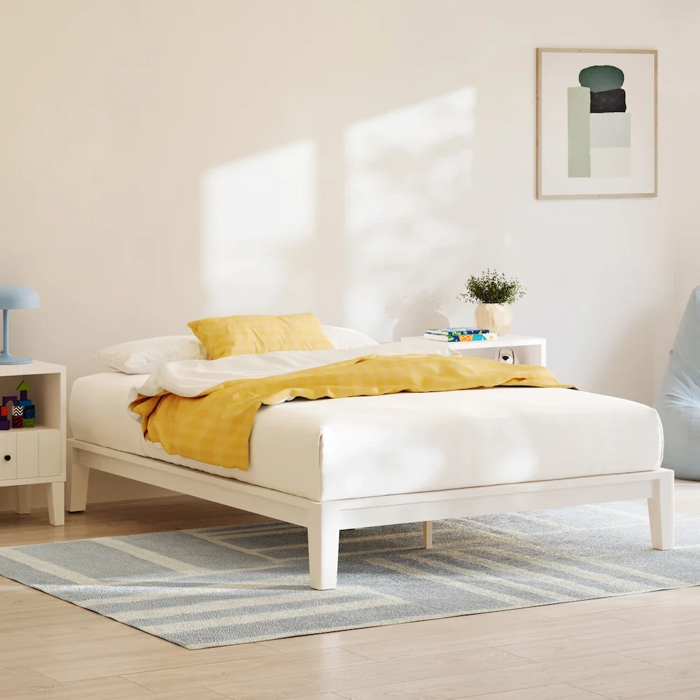 Simple white platform bed store